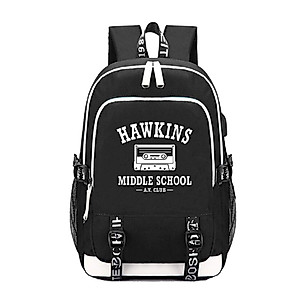 jupkem Hawkins Middle School AV Club College USB Charging Backpack Laptop Bag Travel Bookbag Daypack (balck)