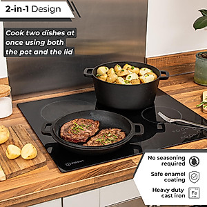 Pre-Seasoned Cast Iron Dutch Oven Casserole Pot - Cast Iron Skillet Lid – 2 in 1 Cooking Cookware Pan Set – Dutch Oven Pot with Lid – Black, 5 Quarts, 26cm – by Nuovva