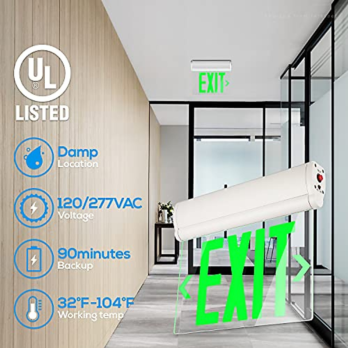 LEONLITE Green Exit Signs for Business, UL 924, LED Edge Lit Exit Sign, Hardwired Emergency Exit Lights with Battery Backup, Rotating Acrylic Clear Panel, Top/Side/Wall Mount, AC 120/277V, Pack of 4