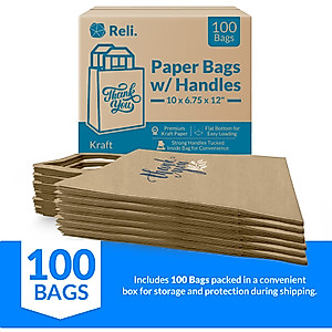 Reli. Brown Paper Bags w/Handles | 100 Pcs Bulk | 10"x6.75"x12" | Paper Thank You Bags | Printed Kraft Paper Bags, Shopping Bags, to Go Bags, Thank You Gift Bags, Wedding |25% Larger Than 10"x 5"x13"