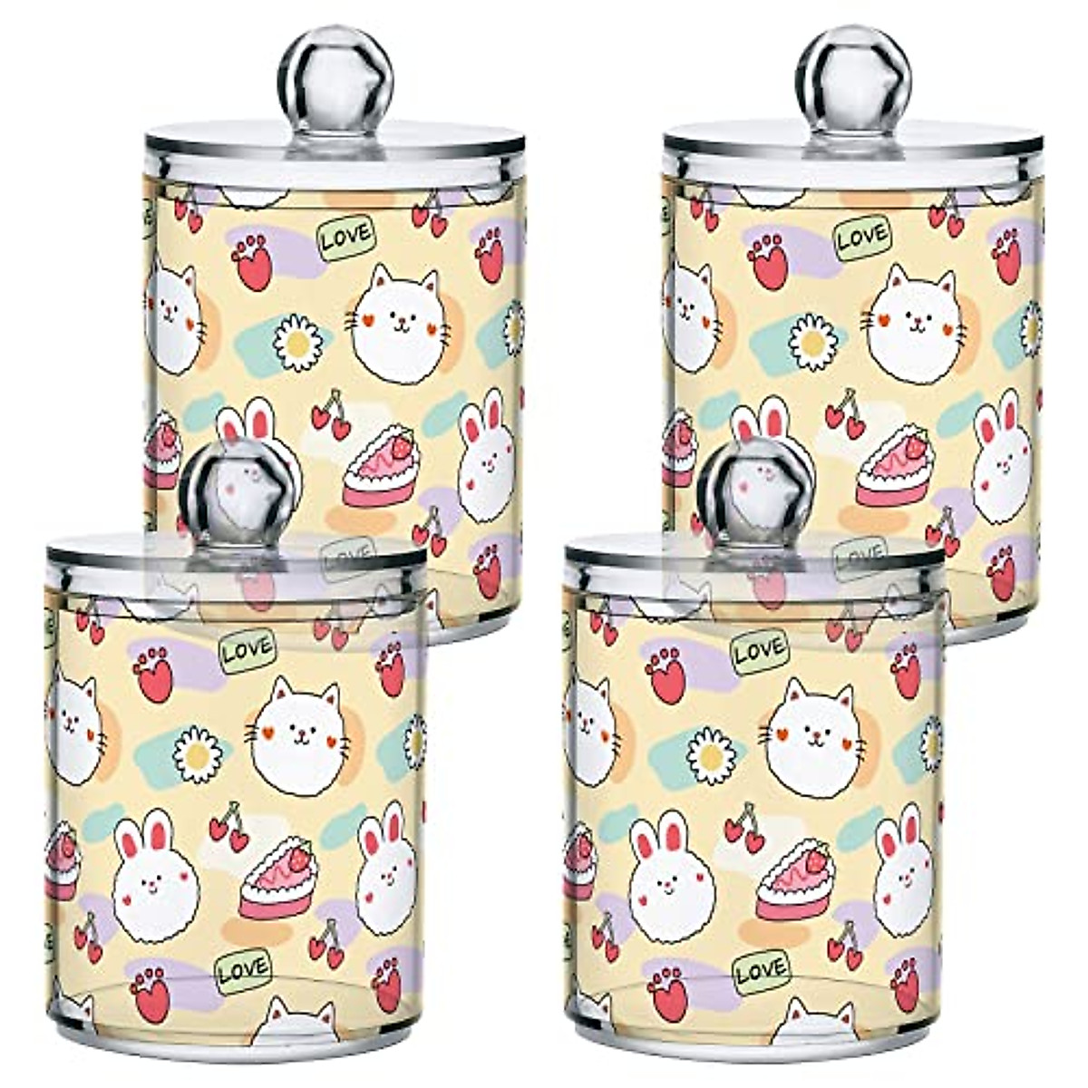 xigua 2 Pack Cute Rabbit and Cat Apothecary Jars with Lid, Qtip Holder Storage Containers for Cotton Ball, Swabs, Pads, Clear Plastic Canisters for Bathroom Vanity Organization (10 Oz)