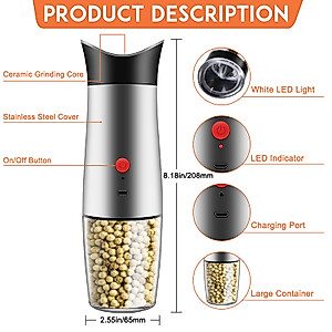 MOVNO Salt and Pepper Grinder Set USB Gravity Electric, Pepper Grinder Refillable Rechargeable, Salt and Pepper Mill, Automatic Powered with Ceramic Grind LED Light, Auto Peppercorn Shaker-Set of 2
