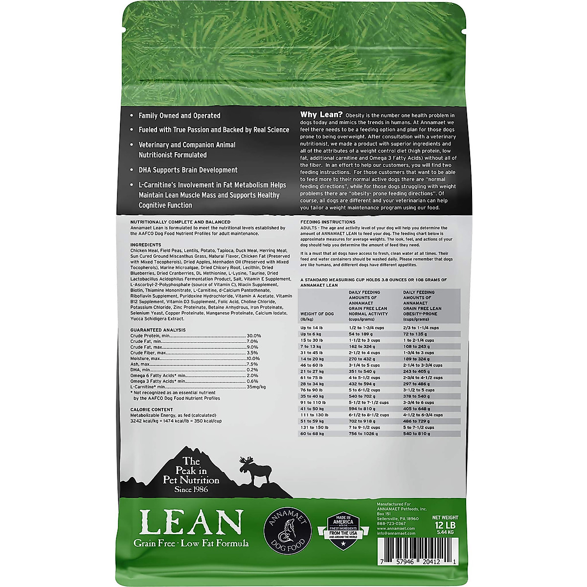 Annamaet Grain-Free Lean Reduced Fat Formula Dry Dog Food, (Chicken & Duck), 12-lb Bag