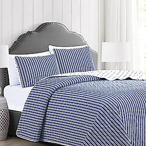 Market & Place 2 Piece Reversible Quilt Set with Sham | All-Season Soft & Lightweight Bedspread with Modern Striped Pattern | Nora Collection (Twin, White/Navy)