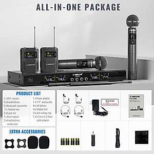Phenyx Pro Wireless Microphone System, 4-Channel Wireless Mic Set with Handheld/Bodypack/Headset/Lapel Mics, Cordless Microphone for Singing, Karaoke, Church (PTU-5200-2H2B)