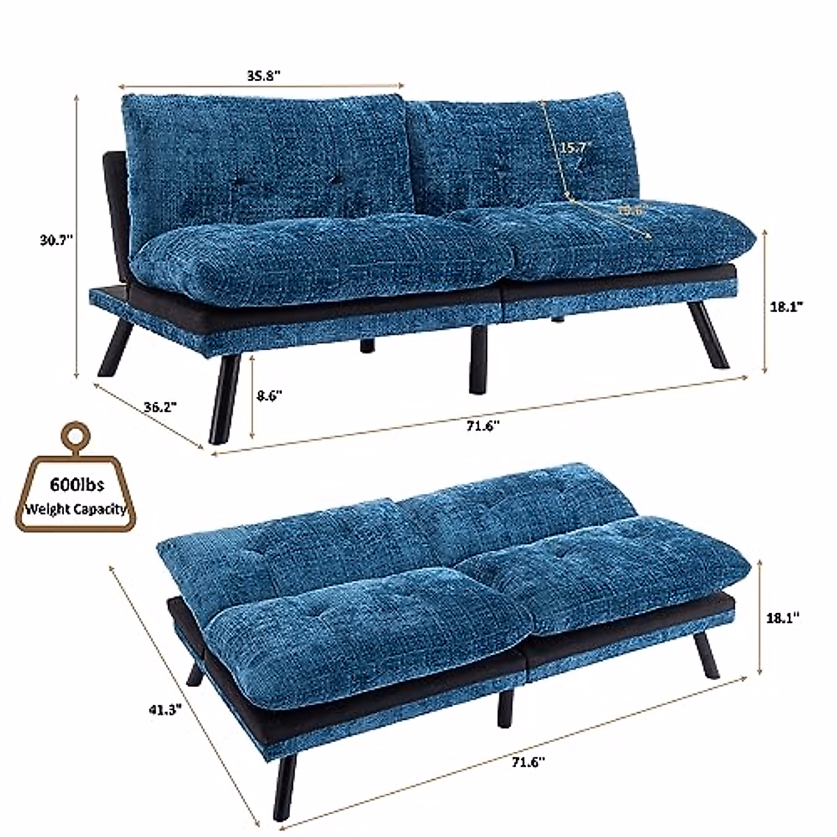 Anwick Futon Sofa Bed Convertible Futon Sleeper Couch, 71" Sleeper Sofa Bed with Adjustable Backrest, Modern Loveseat Couch for Compact Living Room, Apartment, Office (Blue)