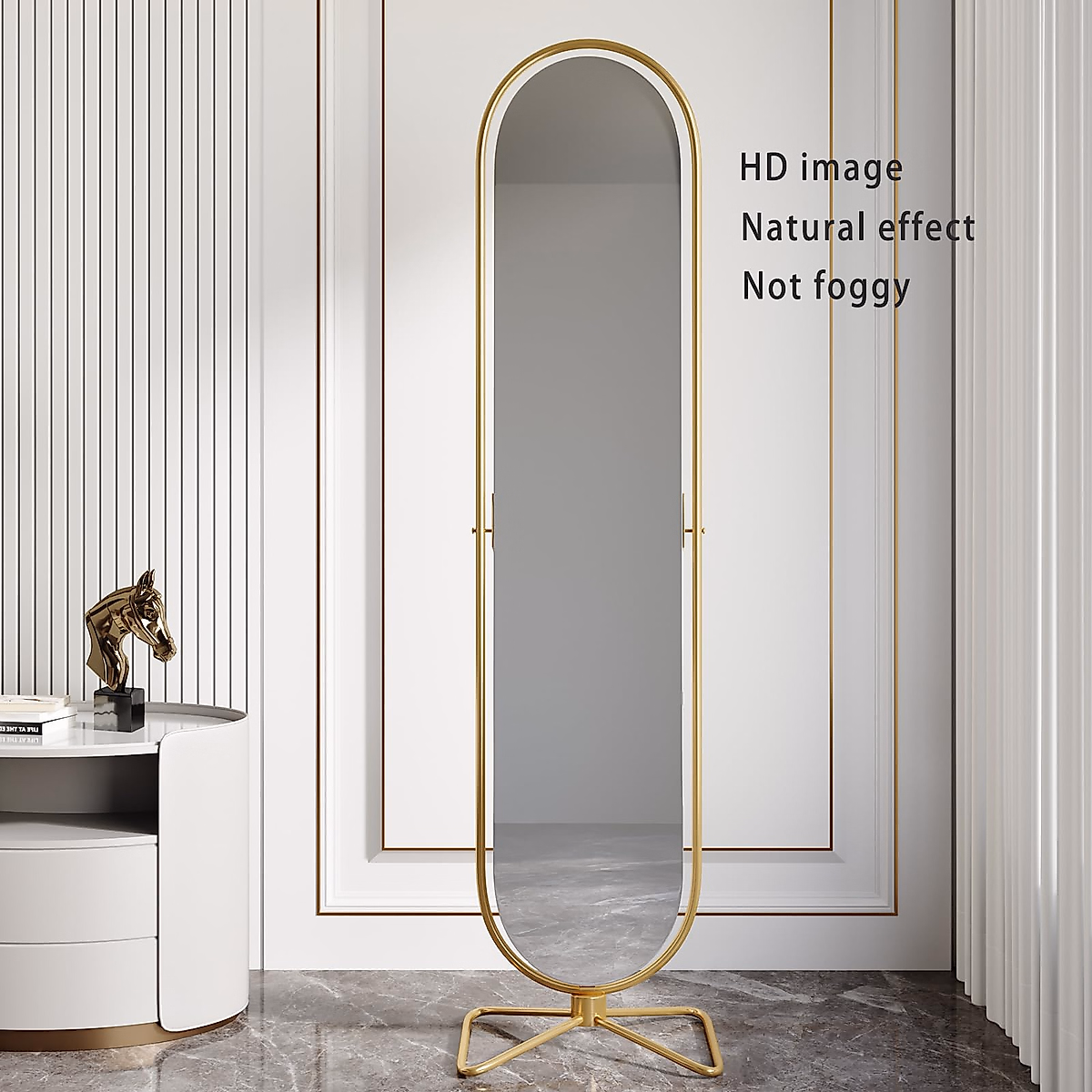 BUZUEY Floor Mirror,Gold Full Length Mirror,Standing Mirror,67"*15.8"Full Body Mirror,Iron Frame Oval Stand up Mirror for Bedroom,Living Room,Dressing Room