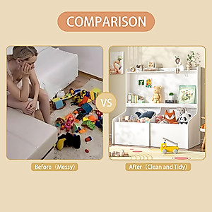 Azheruol Cubby Toy Storage Cabinet 3 Tier Wooden Children Bookcase,Toy and Book Storage Organizer Shelf for Playroom, Bedroom, Living Room, Nursery, School (White)