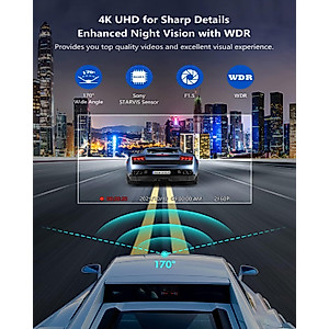 Dash Camera for Cars, 3 Channel 4K Dash Cam Front and Rear Inside,1080P Full HD 170 Deg Wide Angle Dashboard Camera with 64GB Card, IPS Screen,Built in IR Night Vision,G-Sensor,Loop Recording