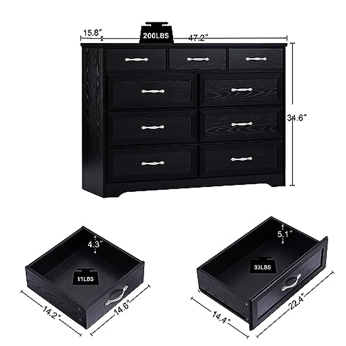 MengK Bedroom Dresser, 9 Drawer Long Dresser with Antique Handles, Wood Chest of Drawers for Kids Room, Living Room, Entry and Hallway, Black, 47.2'' W x 15.8'' D x 34.6'' H.