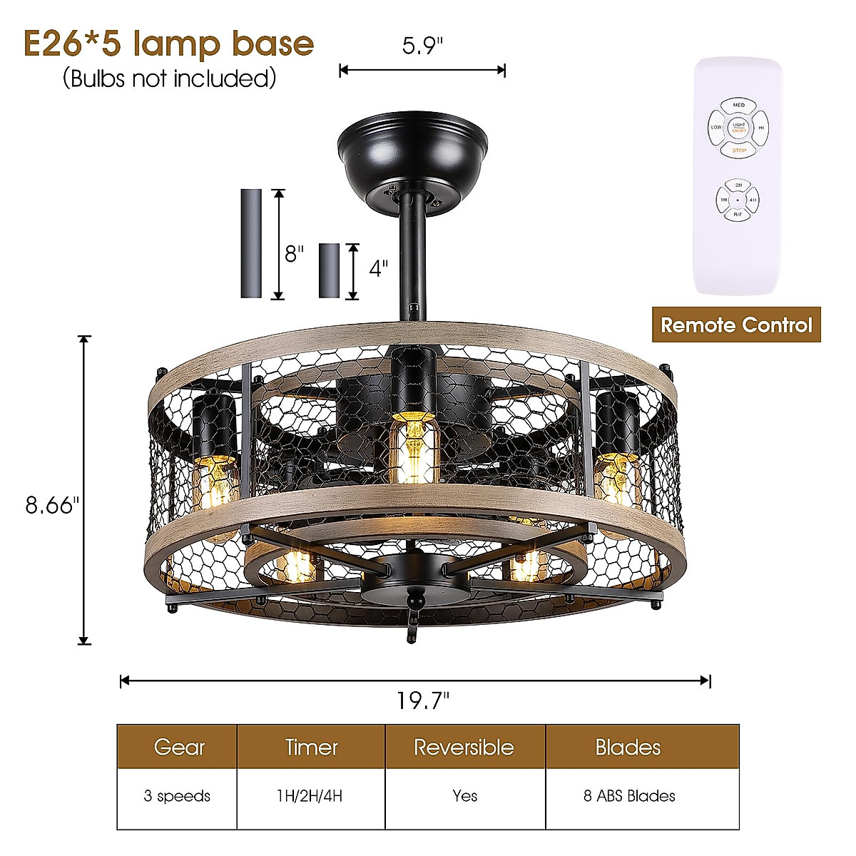MADSHNE 20'' Caged Ceiling Fans with Lights Remote Control, Small Farmhouse Ceiling Fans with Light, Black Rustic Bladeless Ceiling Fans for Bedroom Kitchen