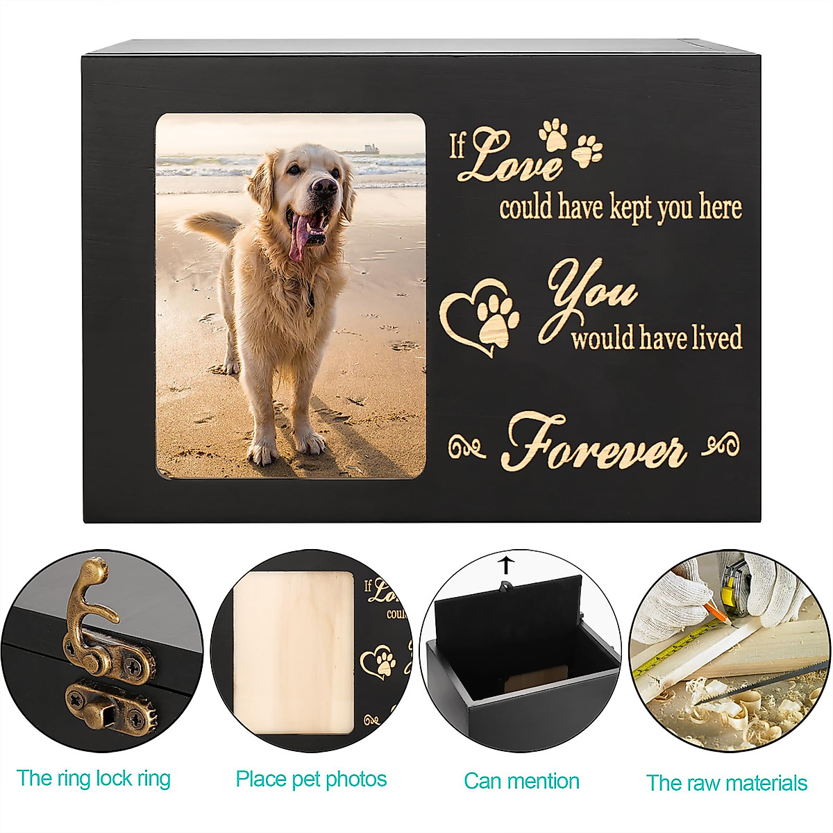 Pet Memorial Urns for Dog or Cat Ashes, Large Wooden Funeral Cremation Urns with Photo Frame, Memorial Keepsake Memory Box with Black Flannel as Lining, Loss Pet Memorial Remembrance Gift
