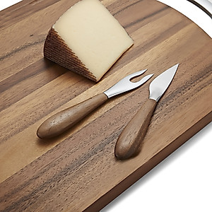 nambe Curvo Cheese Set | Cheese Knife and Fork Utensil Set for Charcuterie Board | Made of Stainless Steel and Acacia Wood | Designed by Steve Cozzolino