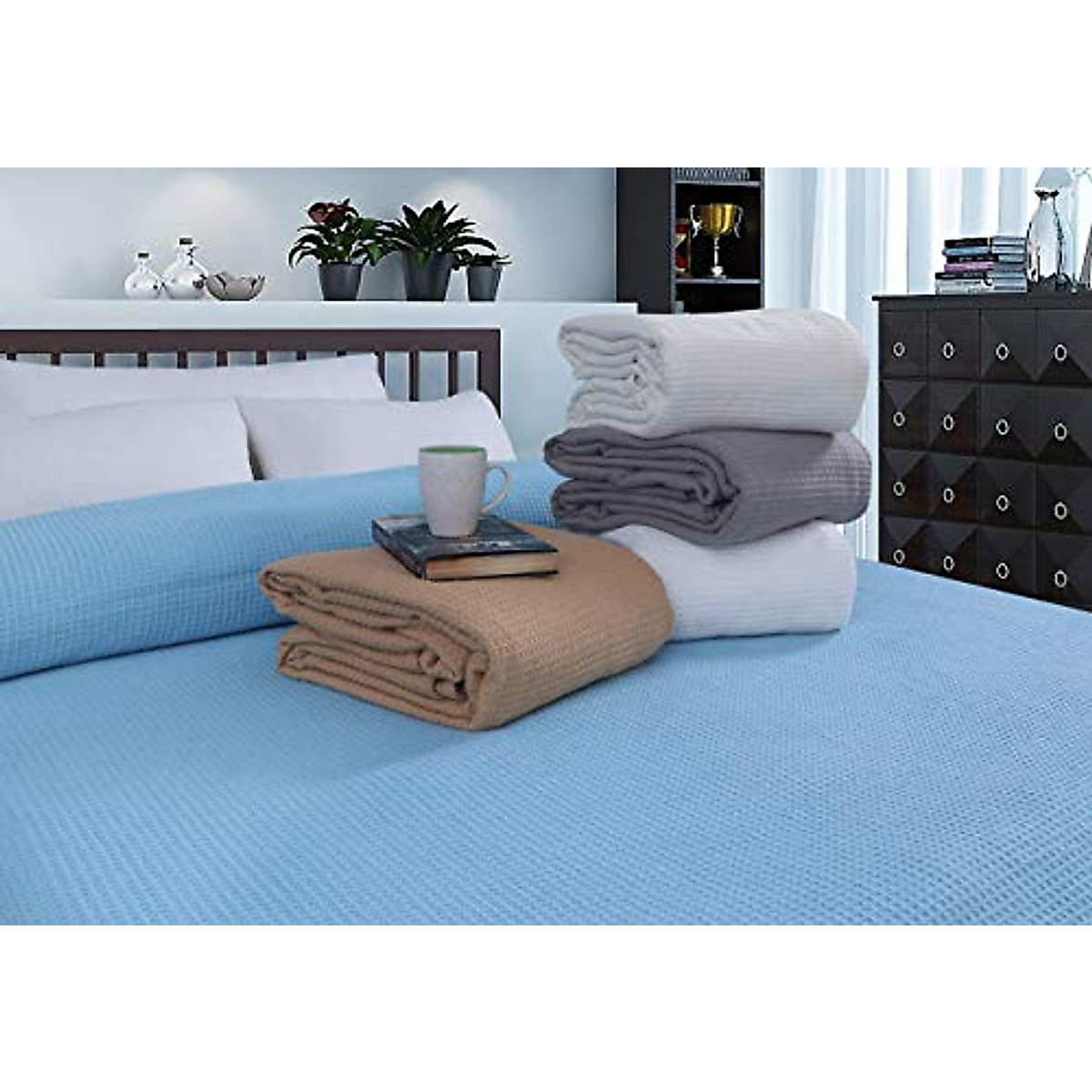 AAVNI HOMES 100% Cotton Blanket King Size 108 x 90 Inches Aqua Sky Blue Color Waffle Weave Blanket - Soft Premium Lightweight Breathable Cotton Bed Blanket for Layering King Size Bed