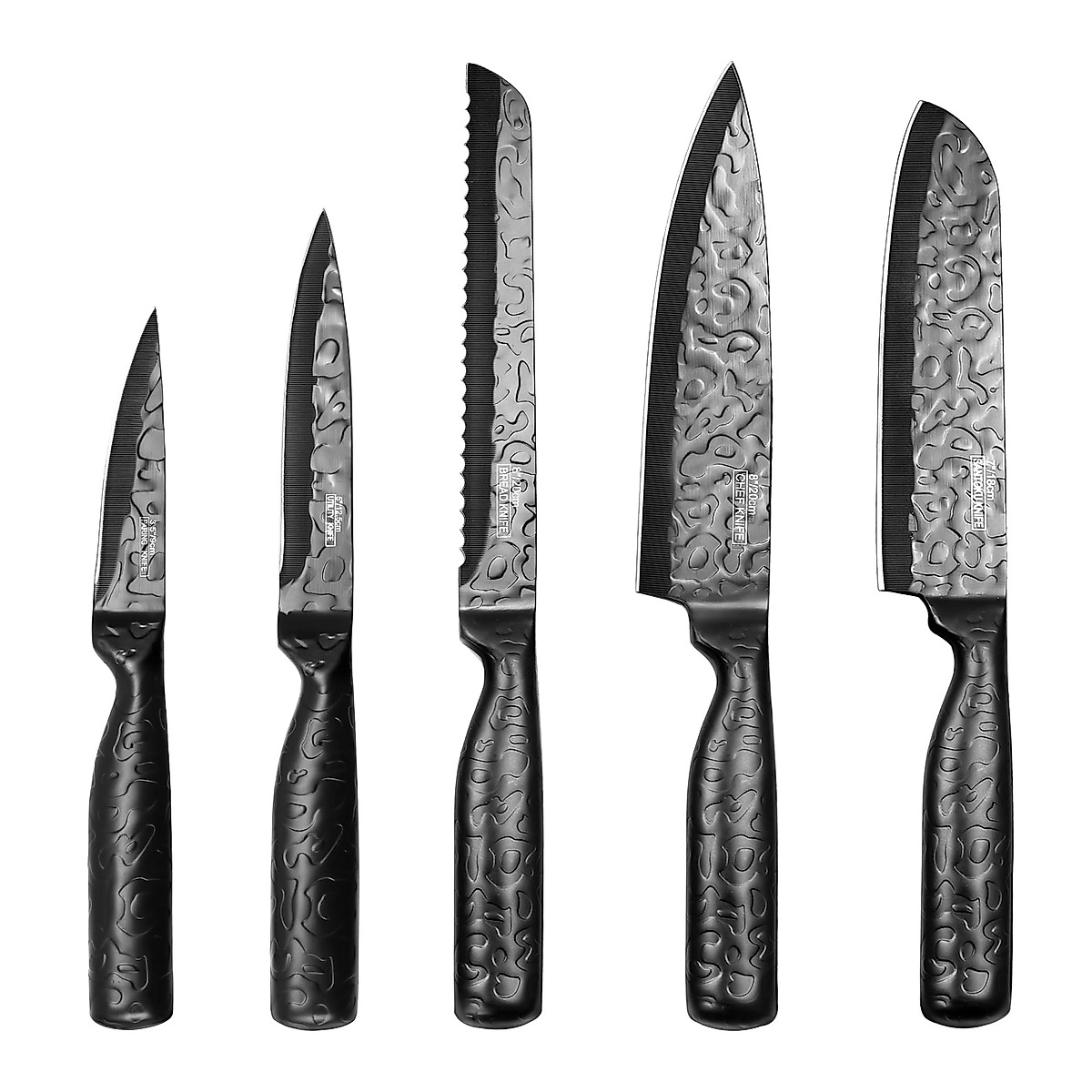 Vvwgkpk Kitchen Knife Set, 5Pcs Black Knife Set with with Ergonomic Handle, High Carbon Stainless Steel Hammered Collection Knives for Multipurpose Cooking, Chef Knife with Gift Box
