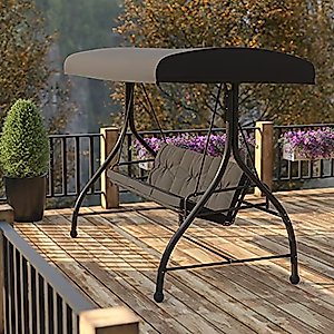 BizChair 3-Seat Outdoor Steel Converting Patio Swing Canopy Hammock with Cushions / Outdoor Swing Bed (Black)