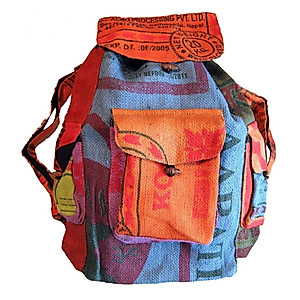 DharmaObjects Lungta Recycled Jute Rice Bag Backpack Hand Made Nepal Multi Color