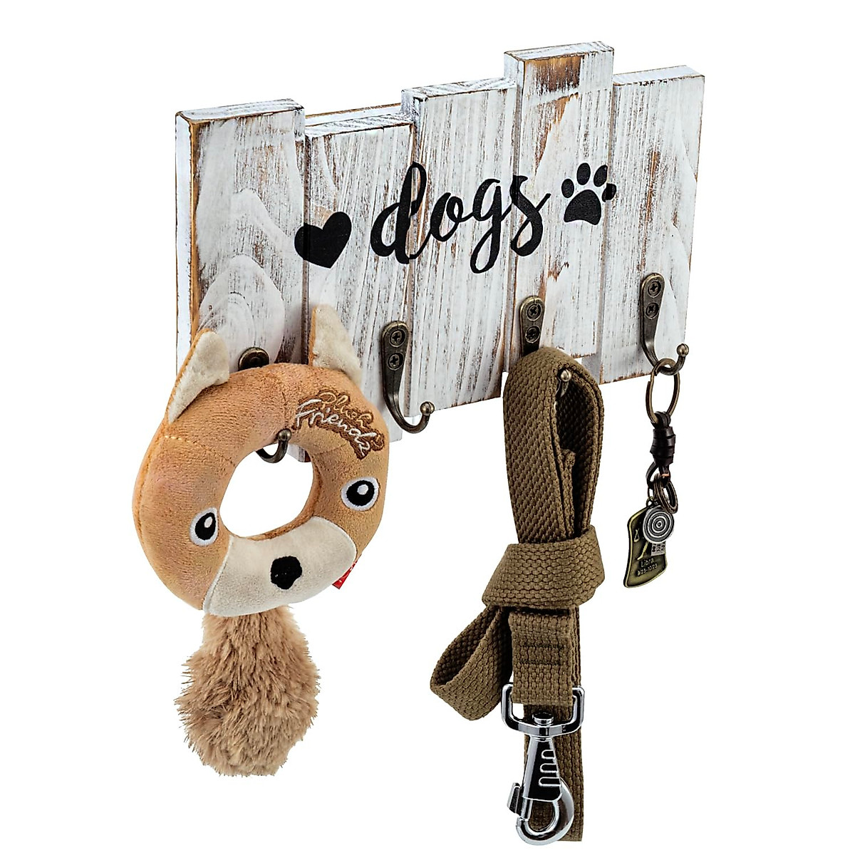 MyGift Wall Mounted Dog Leash Holder, 4-Hook Rustic Whitewashed Wood Hanging Key Hook Rack with Cursive Dogs Label, Heart and Paw Print Decals