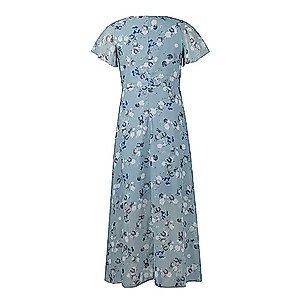 Church Dresses For Women 2023, Floral Dress Flowy Summer Women Sundresses Casual Long Women's Swing Dress Chiffon Short Sleeve Ruffle V Neck Fashion Waist Dress Vacation Dresses (M, Light blue) WSHEMV