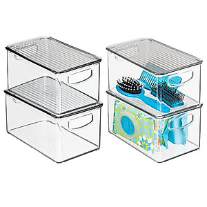 mDesign Deep Plastic Bathroom Storage Bin Box, Lid/Built-In Handles, Organization for Makeup, Hair Styling Tools, Toiletry Accessories in Cabinet, Shelves, Ligne Collection, 4 Pack, Clear/Smoke Gray