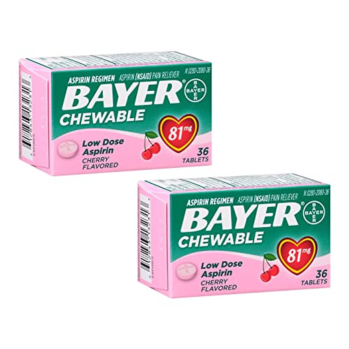 Bayer Chewable Low Dose Baby Aspirin Cherry Flavor 36 Tablets - 2 Pack