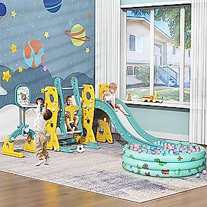 Amictoy Toddler Slide and Swing Set, 6 in 1 Kids Climber Playset for Toddlers Age 1-3, Freestanding Baby Slide Indoor Outdoor Playground w/Basketball Hoop, Swing and Ball Pool