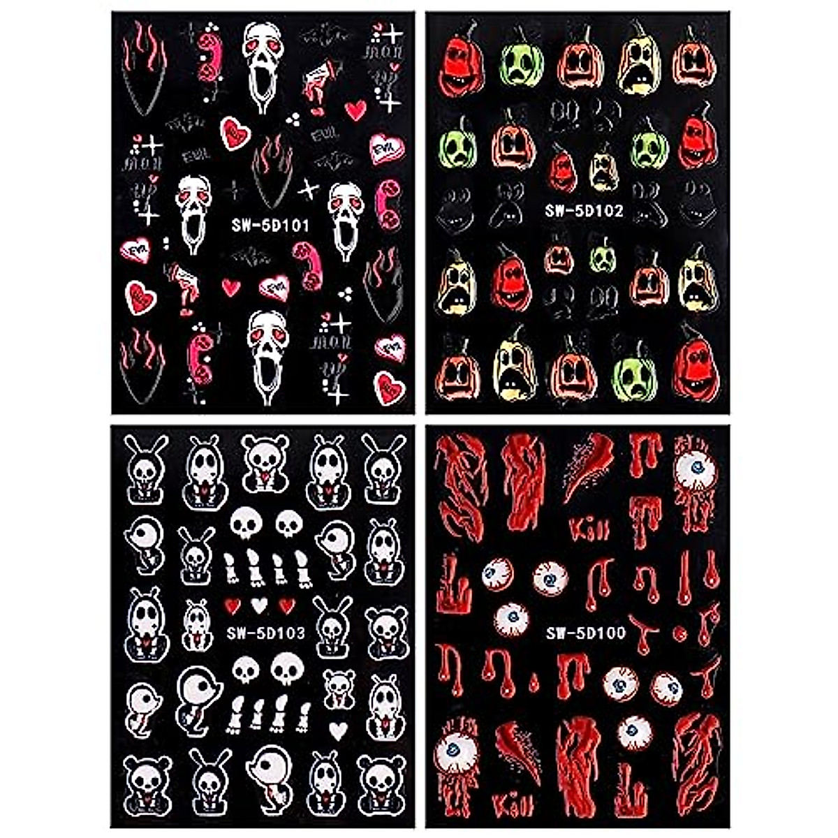 JMEOWIO 3D Embossed Halloween Nail Art Stickers Decals Self-Adhesive Pegatinas Uñas Pink 5D Skull Flame Bat Nail Supplies Nail Art Design Decoration Accessories 4 Sheets
