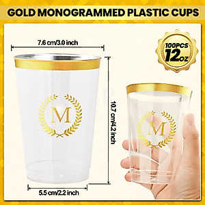 Datyiiha 100 Pieces Monogrammed Plastic Cups Gold Foil Letter M Disposable Cups 12 oz Clear Initial Party Cups for Wedding Birthday Baby Shower Personalized Party Drinkware