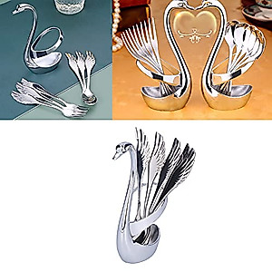 Creative Dinnerware Set, Decorative Swan Base Holder with 5 Forks or 5 Spoons for Coffee, Fruit,Dessert, Zinc Alloy Tableware Mirror Polished Spoon Fork Set (5 Spoons)