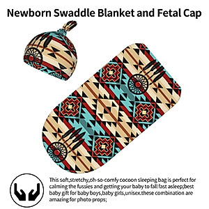 Native Southwest Aztec Navajo Newborn Swaddle Blanket Beanie Hat Sets Soft Stretchy Swaddling Sleep Sack Receiving Blanket Nursery Gift Photography Props for Baby Boy and Girl 0-6 Months (D, Color)