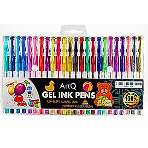 ArtQ Gel Pen Set of 24 Glitter/Neon/Metallic & Pastel Great Coloring | Draw Sketch Doodle Art | Personalize Greeting Cards | Fun Creative Gift
