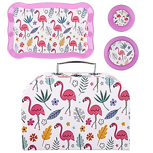 41Pcs Tea Party Set for Little Girls, Pretend Tin Teapot Set, Princess Tea Time Play Kitchen Toy with Dessert, Doughnut, Carrying Birthday Gift Case for Toddlers Age 3 4 5 6