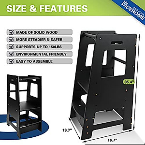 ACEHOME Toddler Kitchen Stool, Toddler Tower with Safety Rail, Toddler Stool for Kitchen Counter, Adjustable Height Little Helper Tower, Kitchen Stool for Toddlers 18 Months and Older, Black