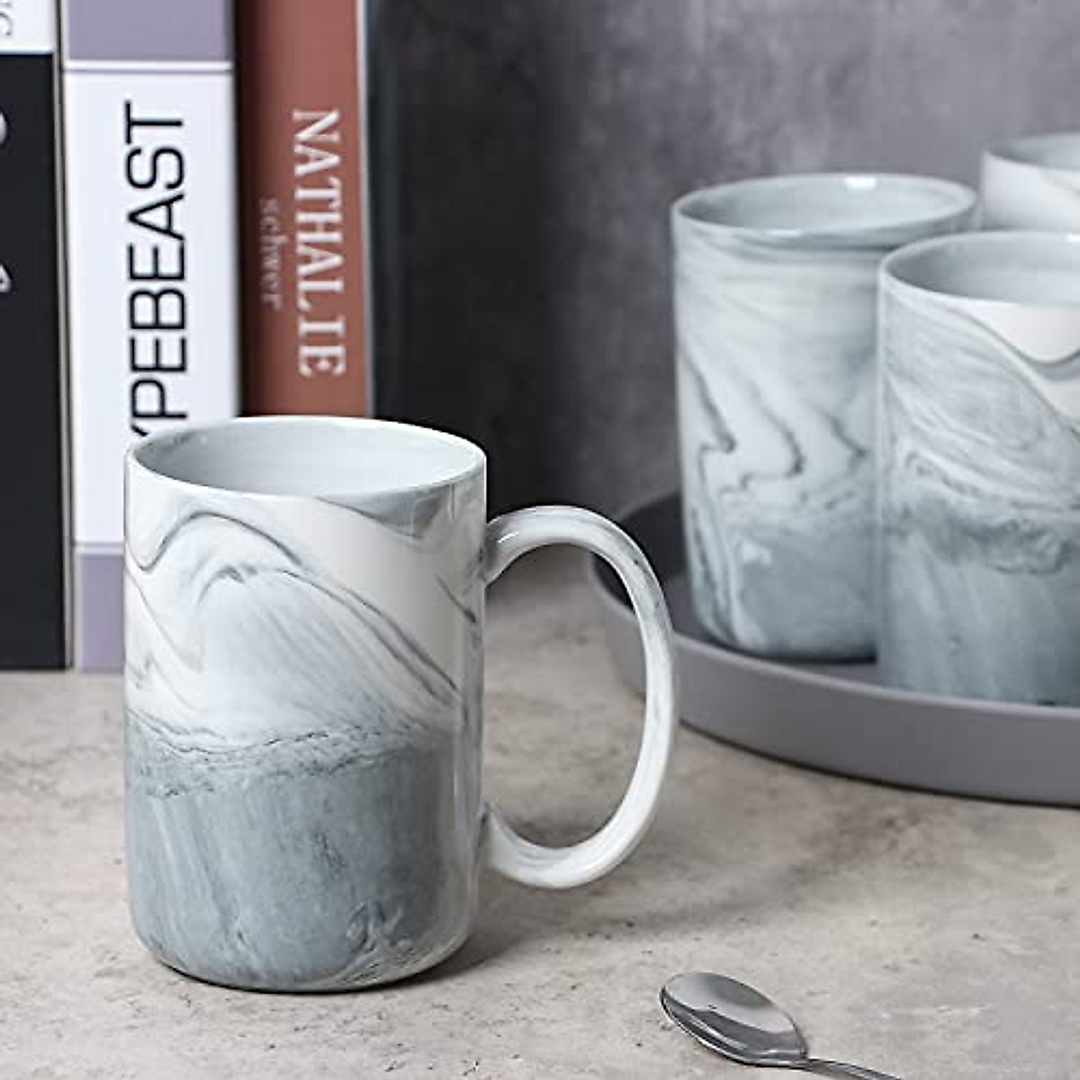 Smilatte 14 OZ Marble Coffee Mugs, M068 Novelty Marble Ceramic Cup for Home and Office, Microwave Dishwasher Safe, Set of 4, Gray