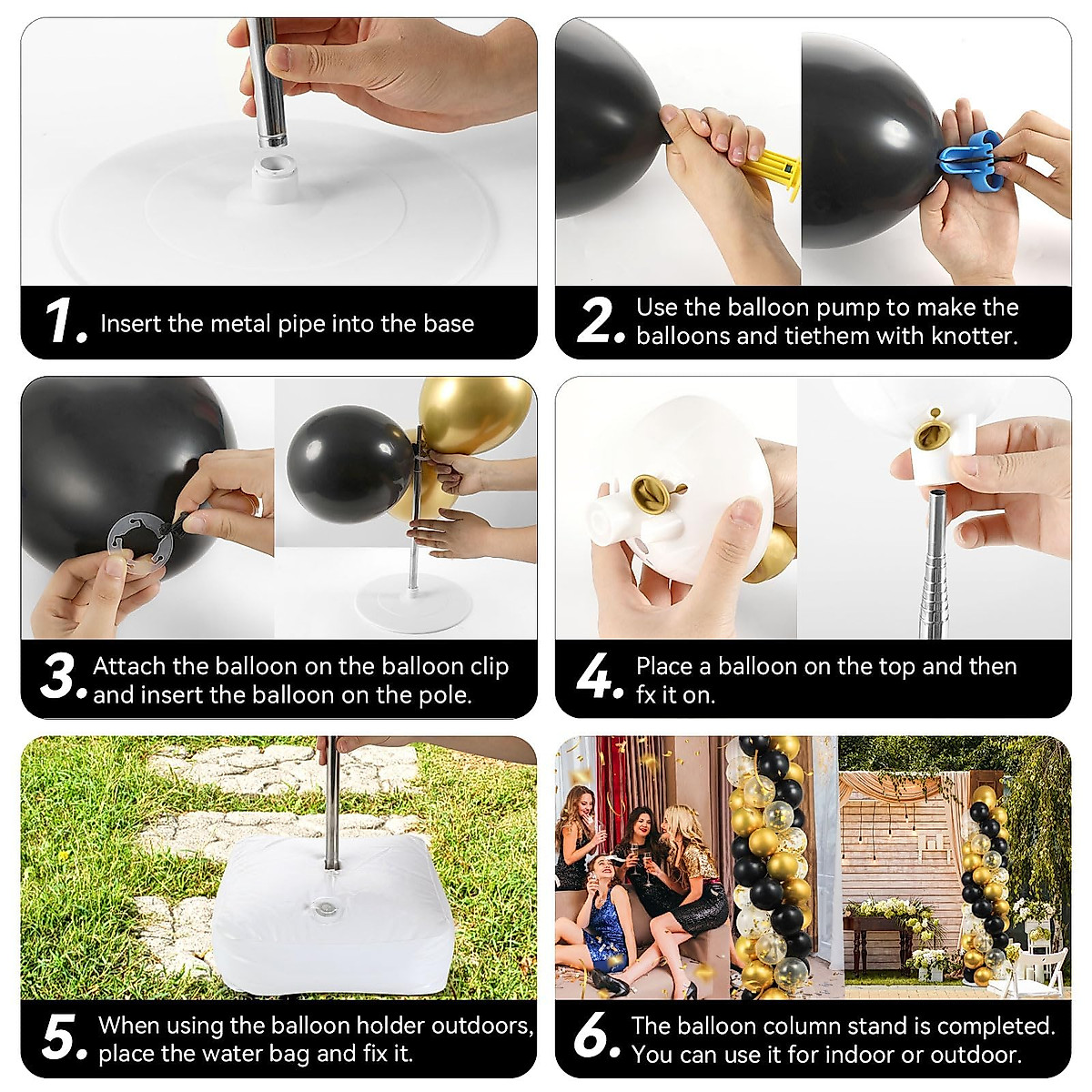 2 Sets Balloon Column Stand Kit with 100 Balloons Christmas Adjustable Balloon Tower Stand with Bases for Floor Black Gold Balloon Arch Column for 50th Birthday Wedding Back to School Holiday Party