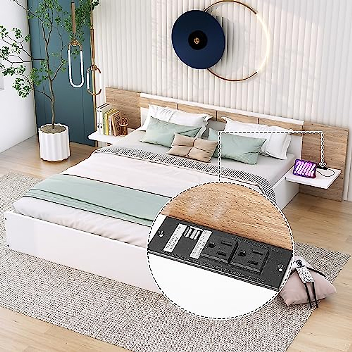 Linique Queen Size Platform Bed with 2 Drawers,Headboard,Shelves,USB Ports and Sockets,Queen Wooden Platform Bed Frame for Bedroom,No Need Spring Box(White)