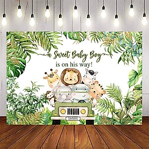 Avezano Jungle Safari Baby Shower Backdrop Safari Animals Boy Baby Shower Party Background Decorations Tropical Green Leaves Safari Oh Baby Shower Banner Supplies(7x5ft)