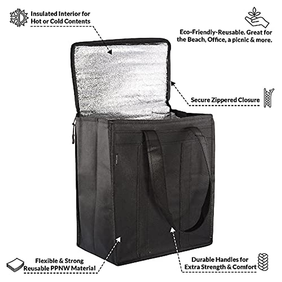 Insulated Shopping Bags for Groceries - 2 Pack Soft Sided Cooler Bag, Insulated Grocery Bags with Zippered Top, Reusable Shopping Bags for Food, Delivery, Catering, Foldable & Collapsible Tote Bags