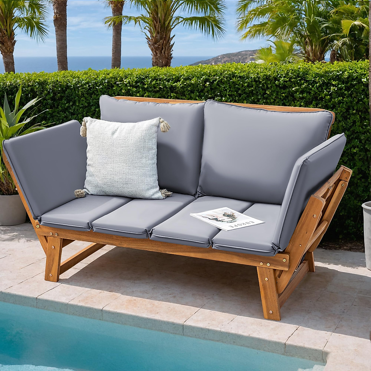 Greesum Patio Convertible Couch Sofa Bed with Adjustable Armrest, Acacia Wood Outdoor Daybed with Cushion & Pillow, Folding Chaise Lounge Bench for Porch Courtyard Poolside，Gray