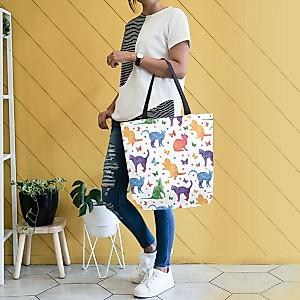 ALAZA Large Canvas Tote Bag Rainbow Cute Cat Butterflies Polka Dot Shopping Shoulder Handbag with Small Zippered Pocket