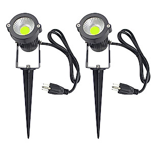 WeLead Bright LED Spotlight 7W COB Pathway Lights with U.S. Plug Flag Spot Light Garden Light with Metal Ground Stake, Waterproof Landscape Lighting for Lawn, Driveway, Yard, Set of 2 (Cool White)