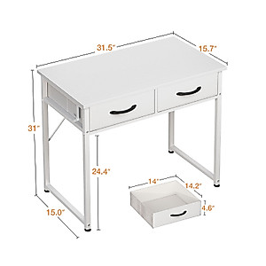 ODK Small Desk with Fabric Drawers- for Bedroom, White Vanity Desk with Storage, Home Office Computer Desk for Small Spaces, 32 Inch Modern Work Writing Study Table, White