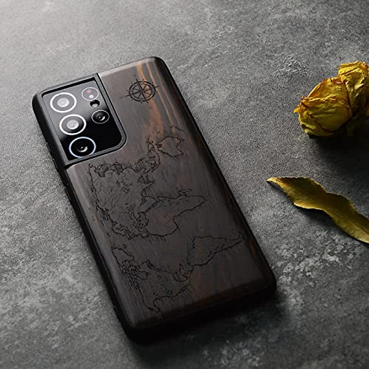 Carveit Wood Case for Galaxy S21 Ultra Case [Natural Wood & Black Soft TPU] Shockproof Protective Cover Unique & Classy Wooden Case Compatible with Samsung S21 Ultra 5G (Compass Maps-Blackwood)