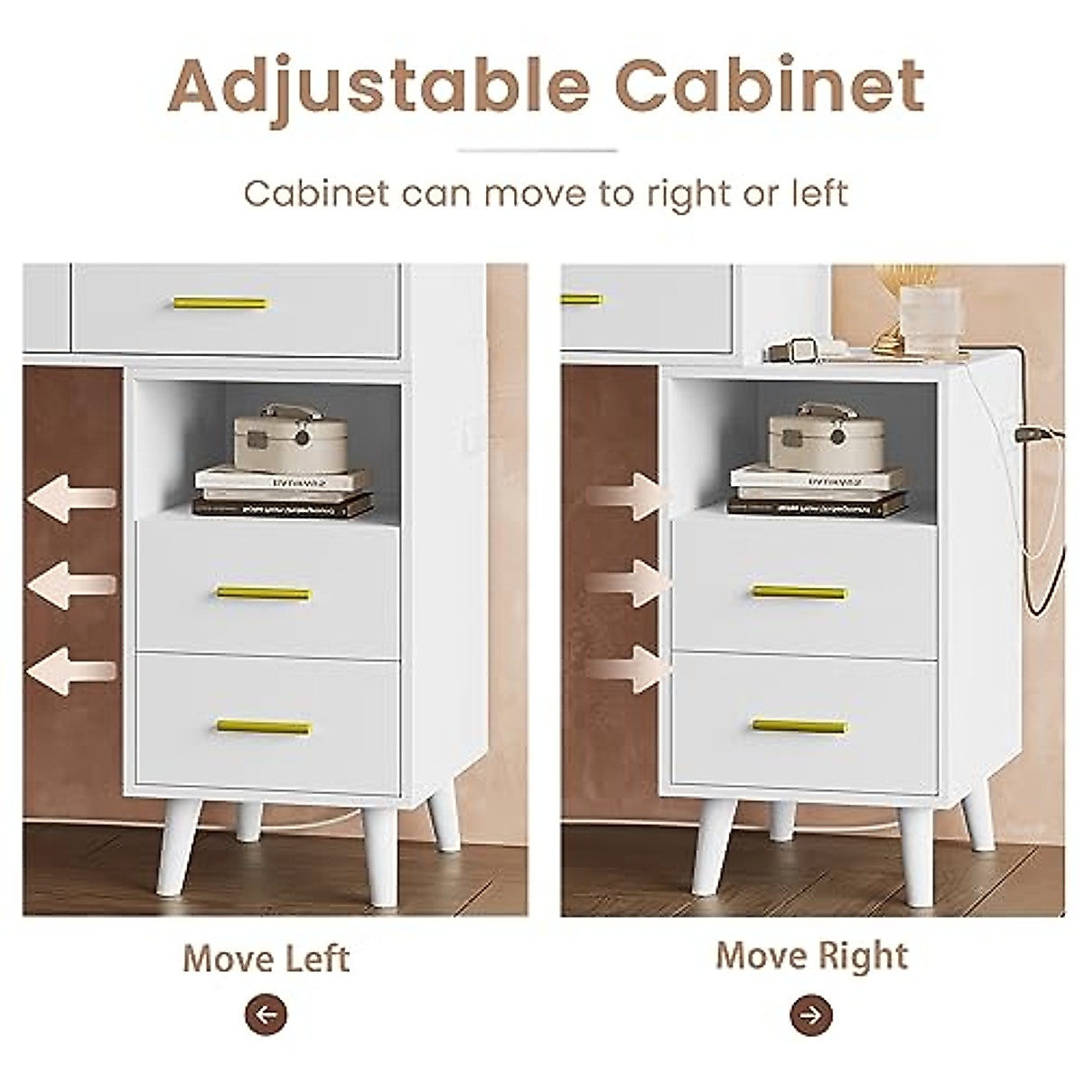 ADORNEVE Makeup Vanity with Lights in 3 Colors, Vanity Table with Charging Station, White Vanity Desk with Mirror and Lights, Makeup Table with 5 Drawers & Nightstand for Women Girls, White