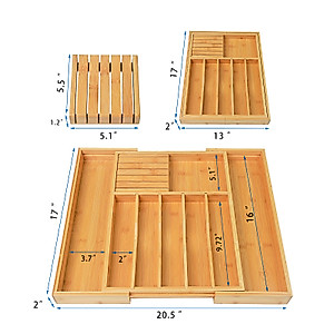 Expandable Bamboo Kitchen Drawer Organizer, Wencrfat Silverware Drawer Organizer with Removable Knife Block and Dividers, Flatware Utensil Cutlery Organizer for Drawer Tray(6-8 Slots)