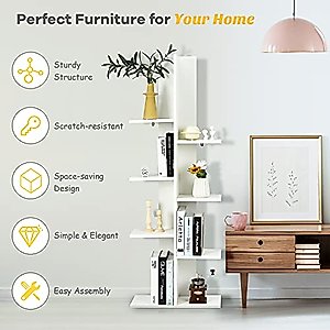 Tangkula 8 Shelf Bookshelf, Wooden Tree Bookcase with 8 Book Shelf, 20”L x 8”W x 55.5”H, Freestanding 8 Tier Storage Display Shelf with Anti-toppling, Corner Shelf for Living Room Home Office (White)