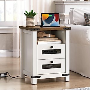 HOOBRO Nightstand with Charging Station, Farmhouse End Table with 2 Drawers Storage Cabinet, Sofa Side Table, 18" Rustic Night Stand for Bedroom, Living Room, White and Walnut WH146UBZ01