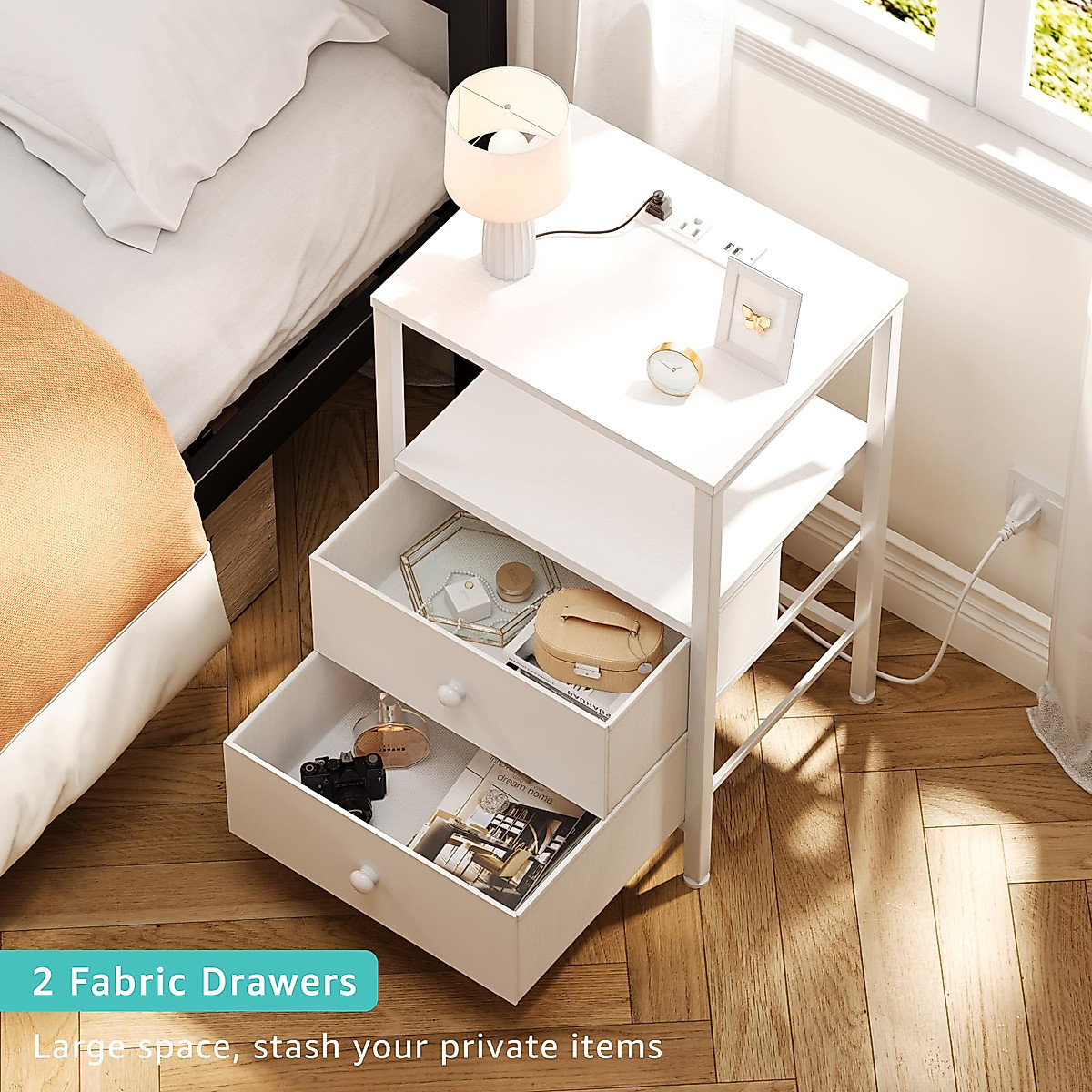 KAI-ROAD White Night Stand with Charging Station and USB Ports, Small Nightstand with Drawers and Shelf Storage End Table for Bedroom, Dorm, Modern Bedside Table