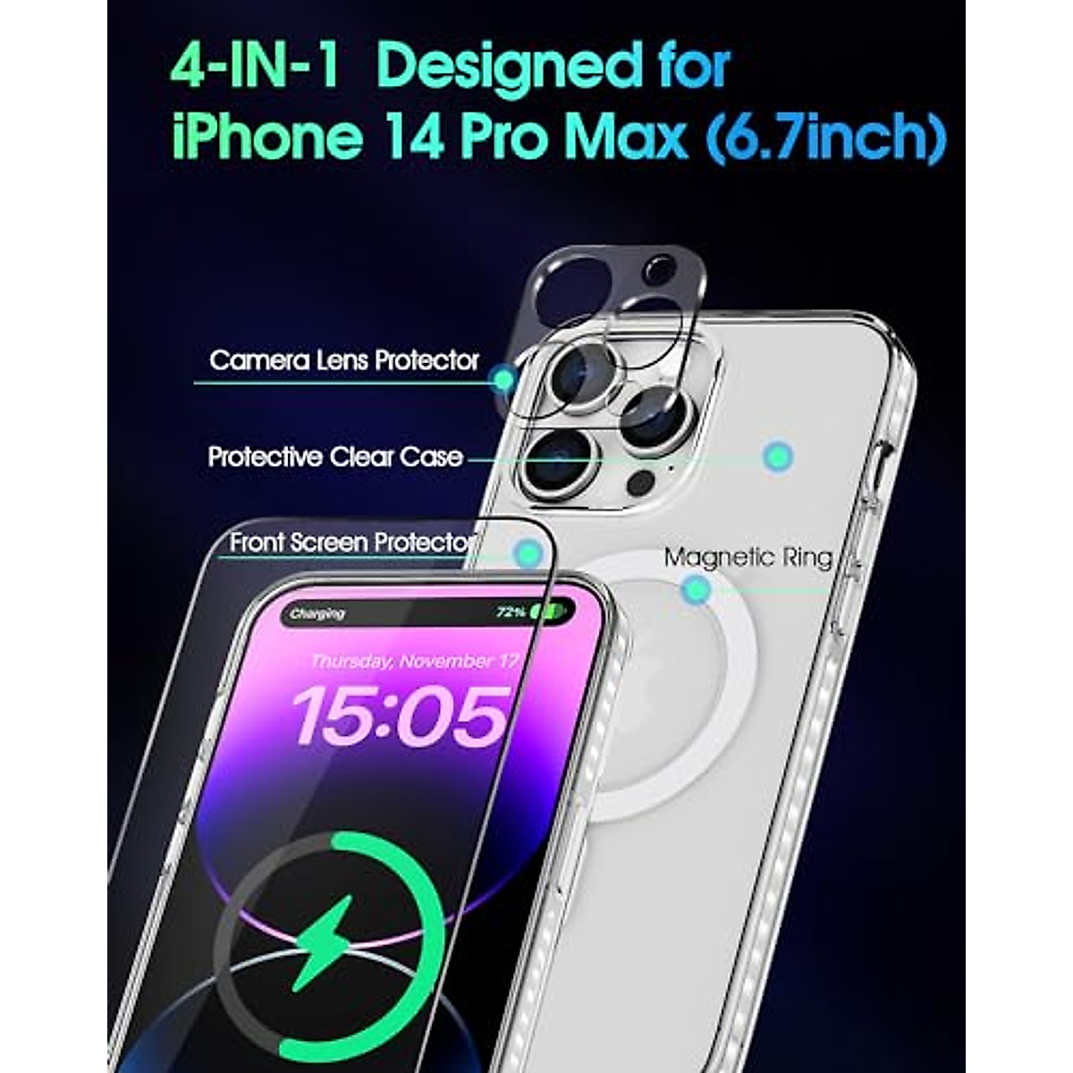 SCORPIFY iPhone 14 Pro Max Case for Magnetic Clear Design, [Non Yellowing] Phone Cover for Men Women, with Tempered Glass Screen+Camera Lens Protector, [Compatible with MagSafe] Slim Bumper, Clear