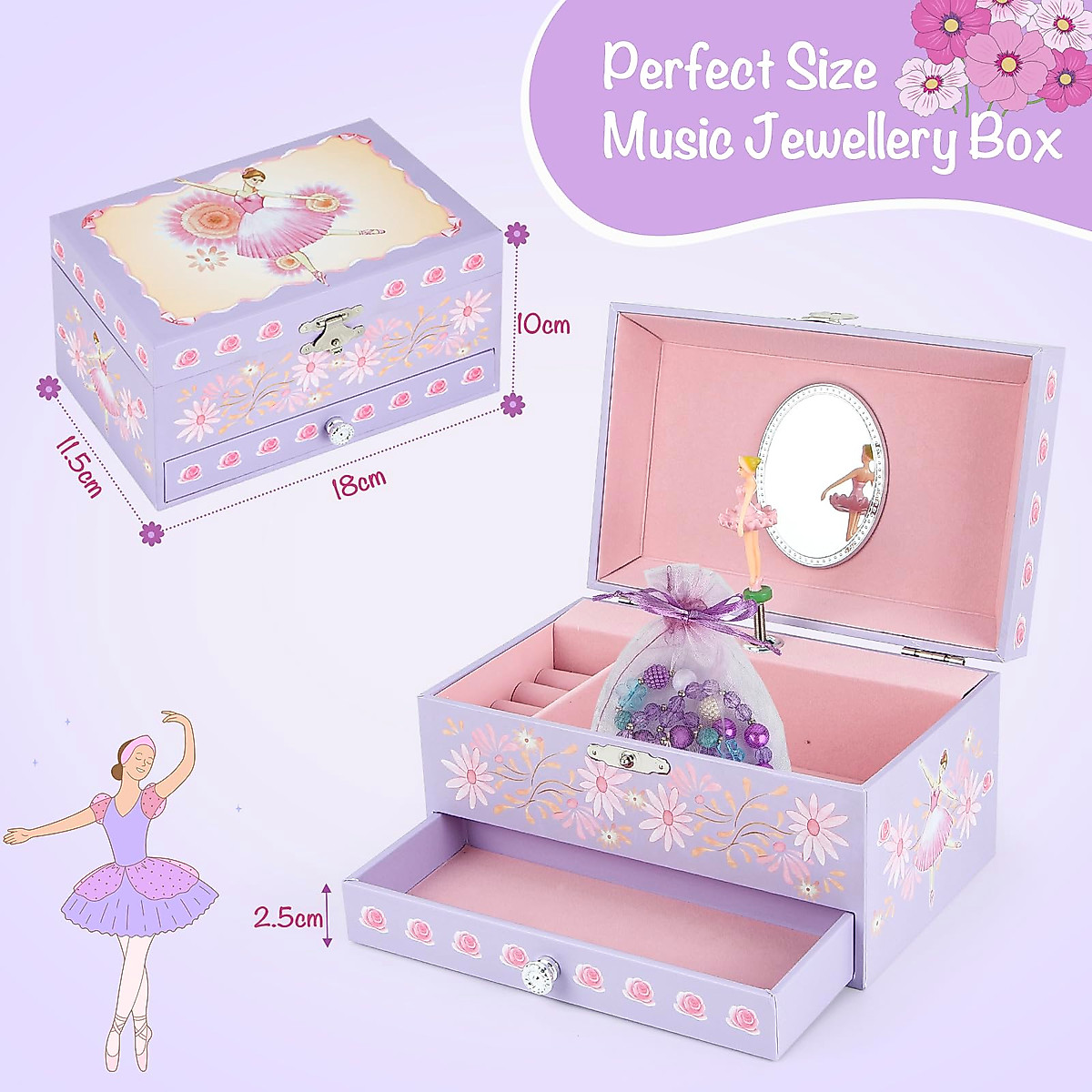 hombrima Music Jewellery Box with Drawer Necklace Bracelet, Musical Jewelry Storage Case with Spinning Ballerina Gift Set for Kids Girls Children Daughter (Pink Dancer)